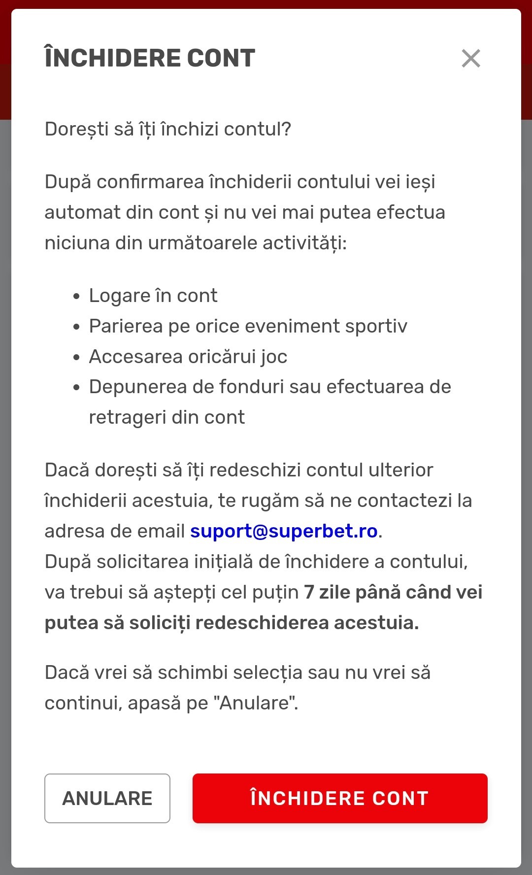 Închidere cont – Superbet Suport – Întrebări frecvente și ajutor